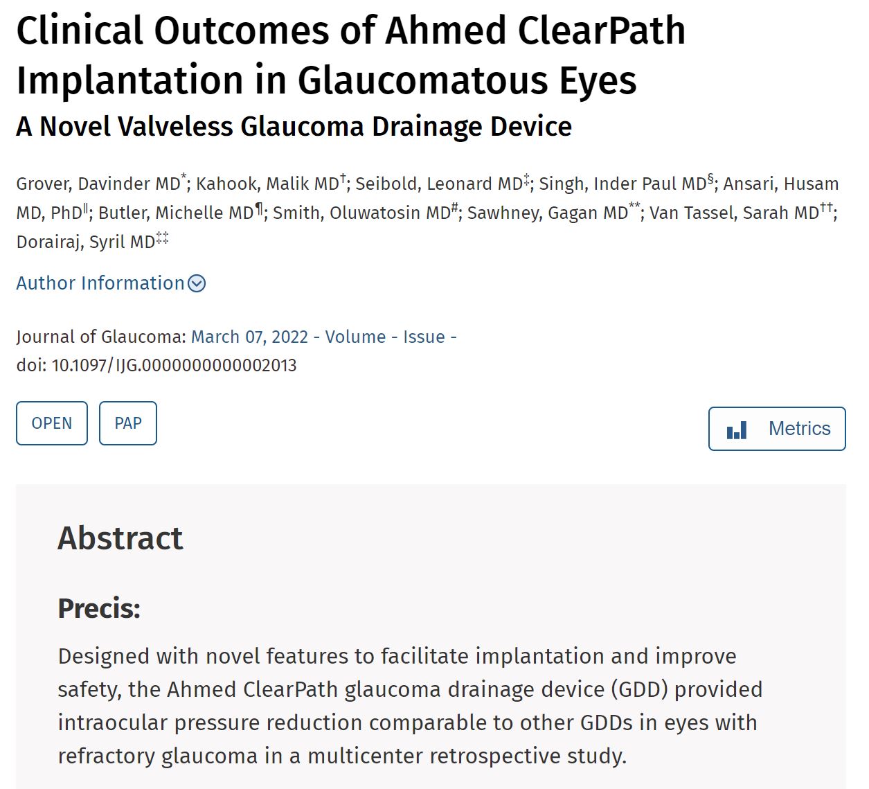 Grover, et al. Clinical Outcomes of Ahmed ClearPath Implantation in ...